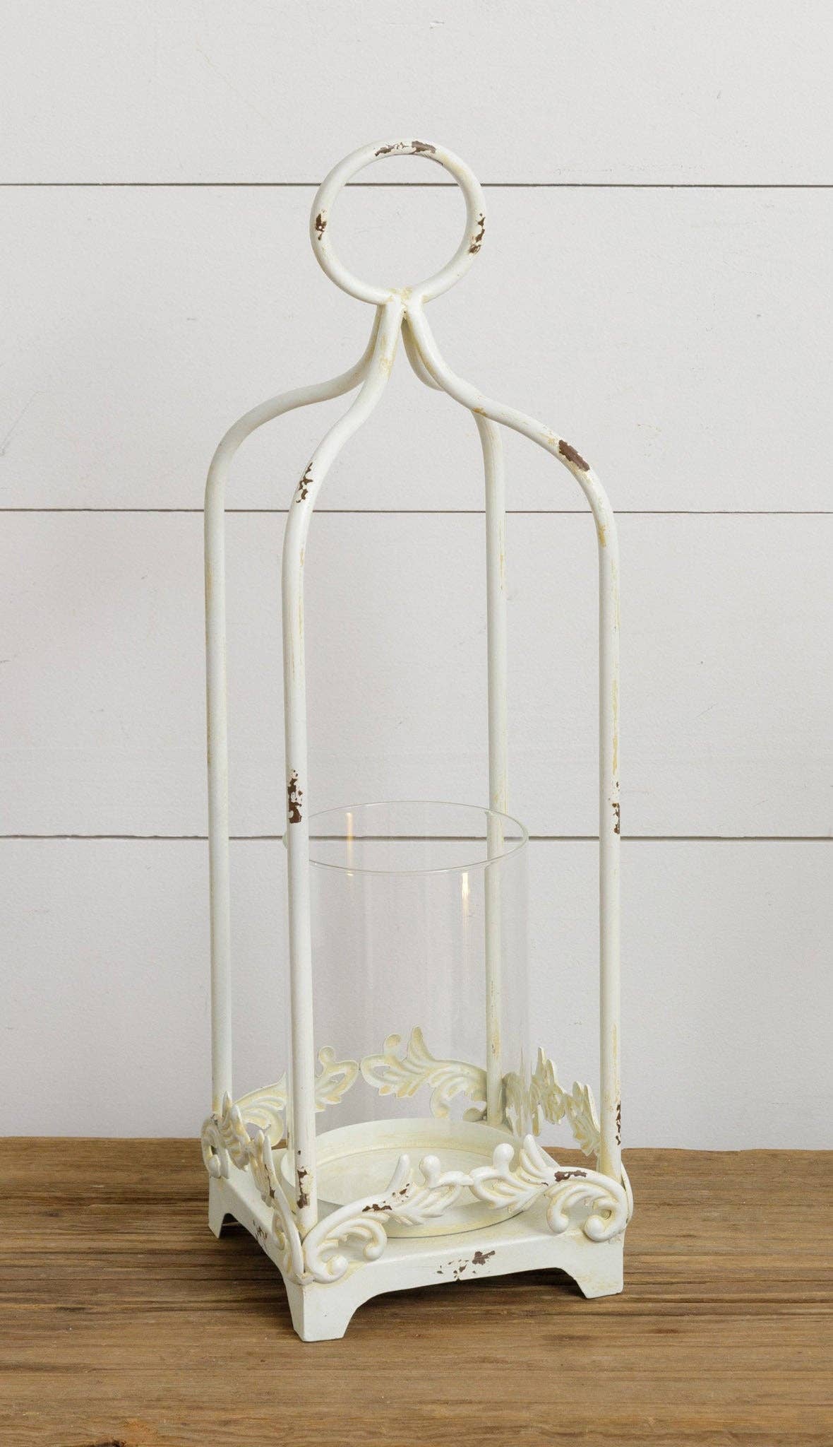 Distressed Lantern With Hurricane Glass, Lg — Vintage Bee Design Co.